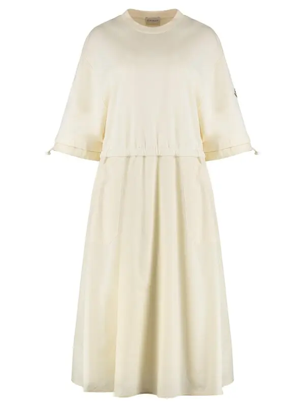 Moncler Cotton Dress With Logo Detail And Elastic Waistband - Panna