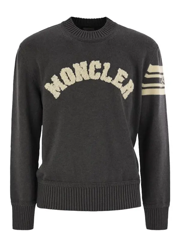 Moncler Logo-embroidered Striped Sleeve Crew Neck Sweater - Grey
