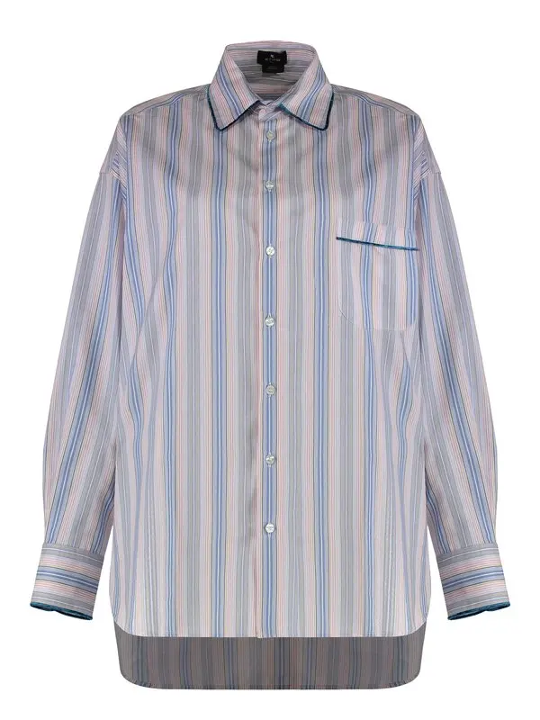 Etro Striped Cotton Shirt With Pocket - Light Blue