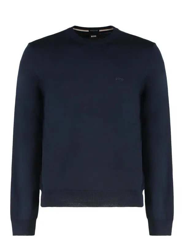 BOSS Classic Virgin Wool Sweater With Embroidery - Blue
