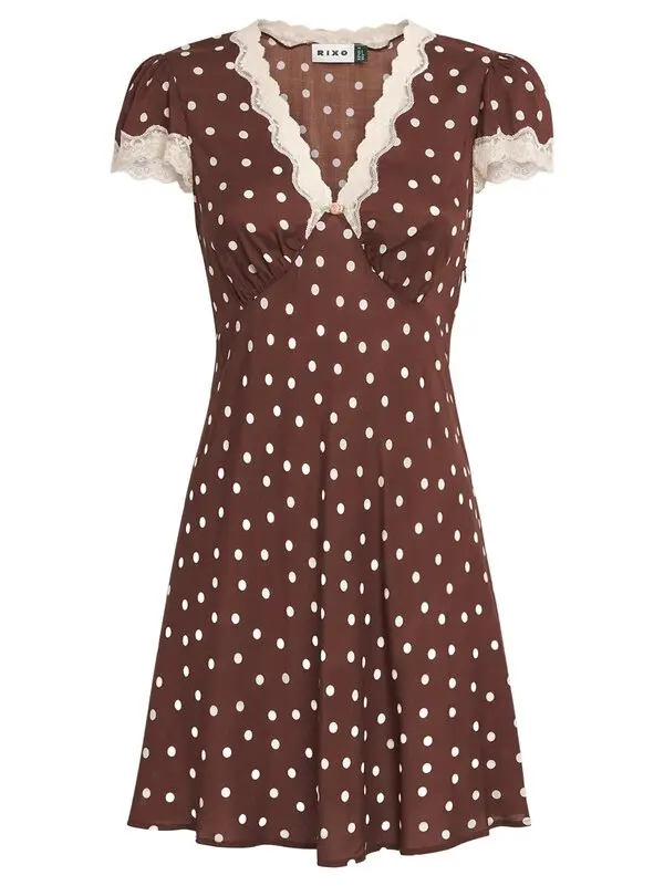 Rixo Cely Polka Dot Mini Dress With Lace Trims And Rose Appliqu - Brown