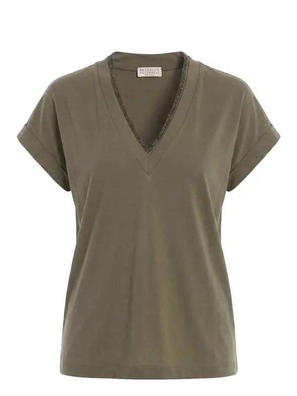 Brunello Cucinelli Cotton T-shirt With Embellished V-neck - Multicolor