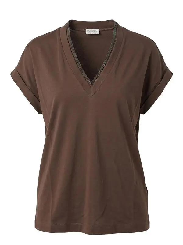 Brunello Cucinelli Cotton T-shirt With Embellished V-neck - Multicolor