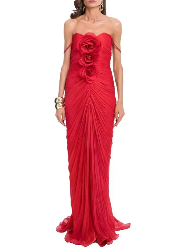 ANA RADU Floral Appliqué Strapless Sweetheart Neck Ruched Maxi Dress - Red