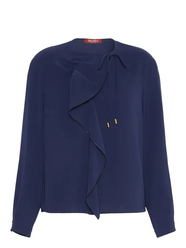 Max Mara Cady Blouse With Asymmetric Draped Flounce - Navy