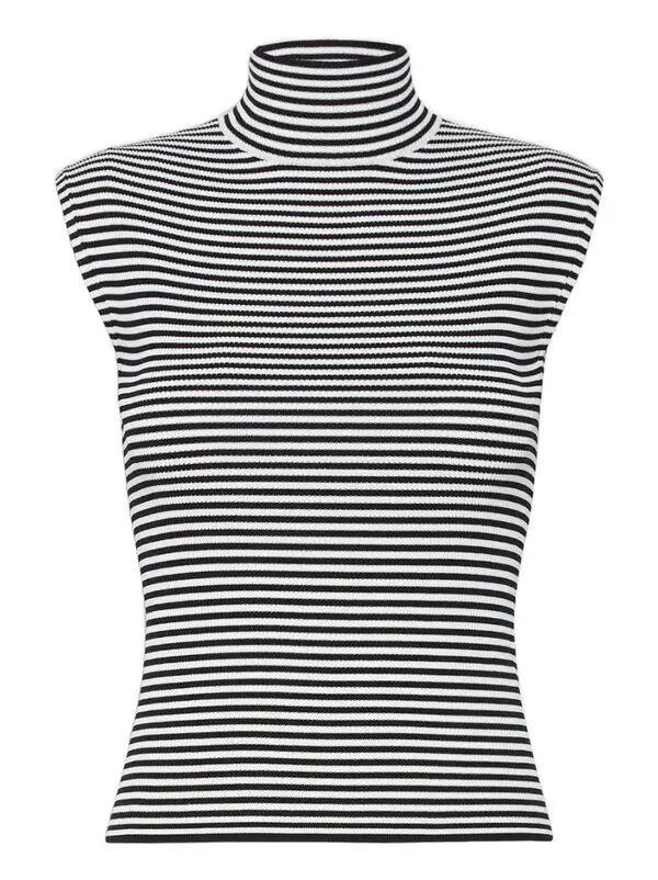 Max Mara Sleeveless Viscose Crepe Striped High Neck Sweater - Black White