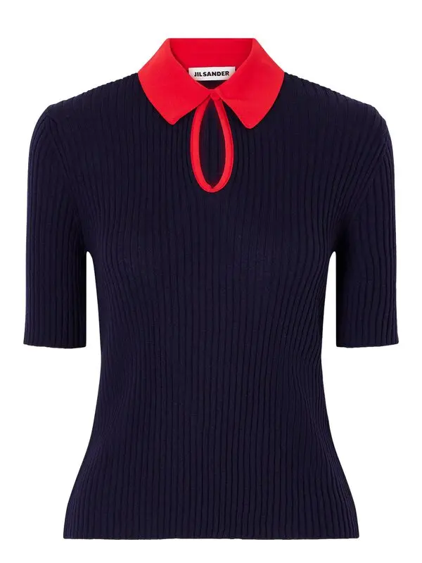 JIL SANDER Two-tone Ribbed Wool Polo Shirt - Blue