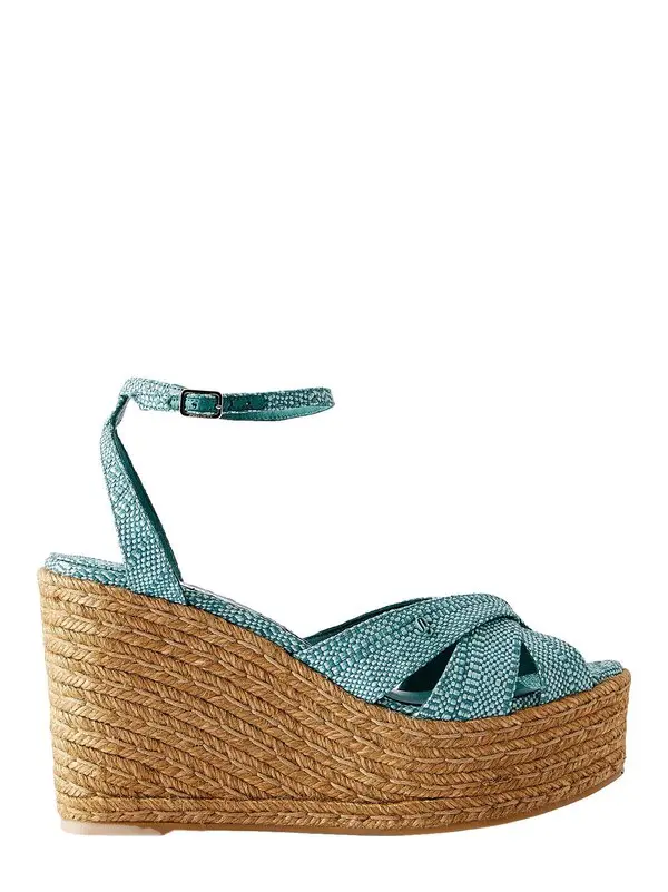 JIMMY CHOO Korra 100 Raffia Platform Wedge Sandals - Blue