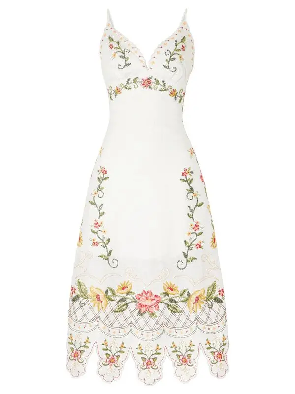 Farm Rio Embroidered Linen Midi Dress - Ivory