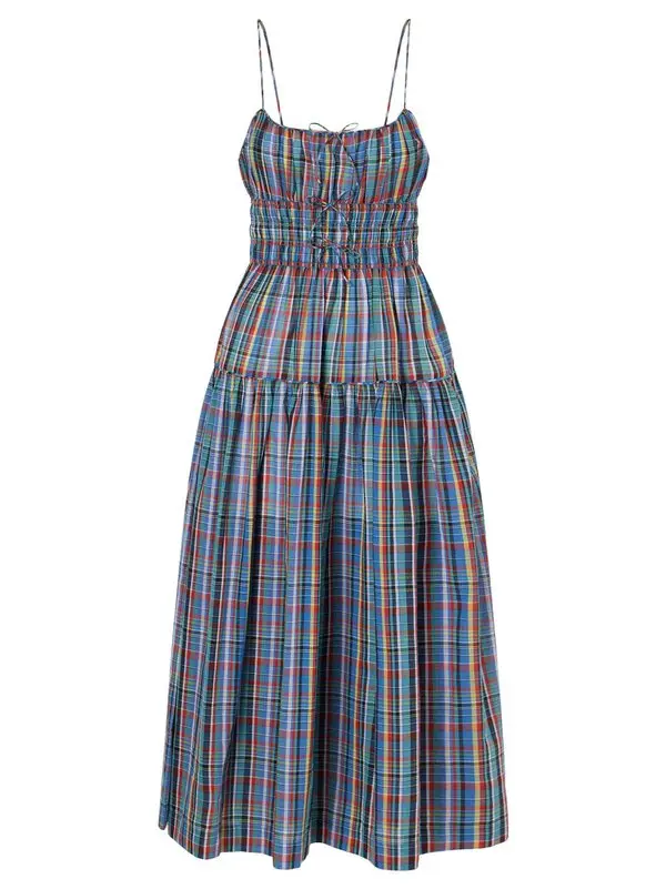 DÔEN Brielle Gathered Checked Organic Cotton Midi Dress - Blue