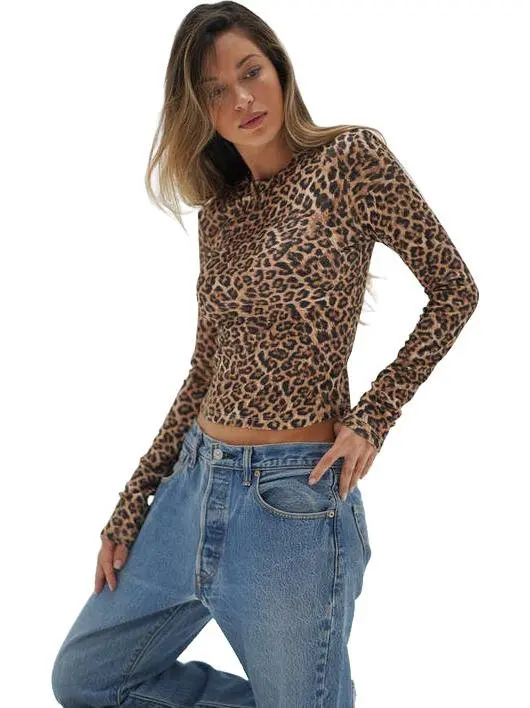 Lna Dalston Ribbed Cropped Long Sleeve - Leopard