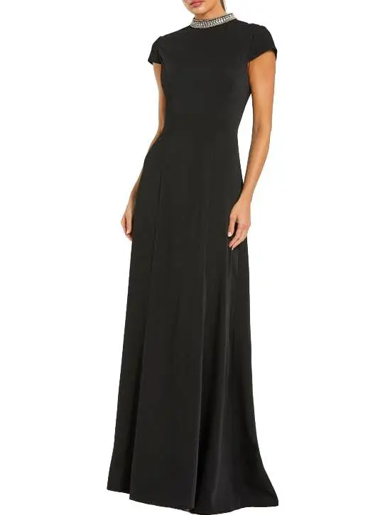 Mac Duggal Cap Sleeve Gown With Embellished Mock Neckline - Black