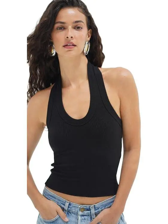 Lna Jules Double Layer Ribbed Halter Top - Black