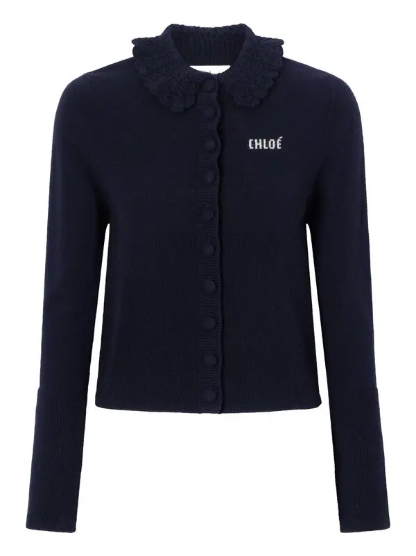 Chloé Logo Embroidered Wool Cardigan With Crocheted Collar - Blue