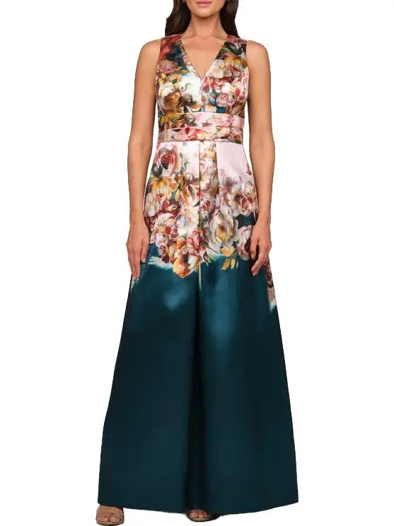 KAY UNGER Mariah Floral Print Mikado Gown - Teal/pink