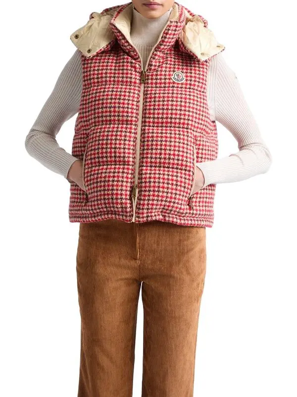 Moncler Wool-blend Down Puffer Vest With Removable Hood - Check Print