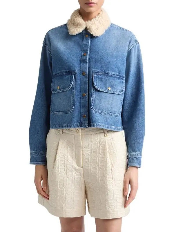 Moncler Faux Shearling Collar Denim Jacket - Blue