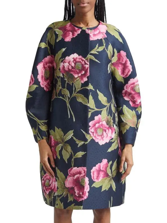 Carolina Herrera Peony Jacquard Cocoon Coat - Midnight Multi