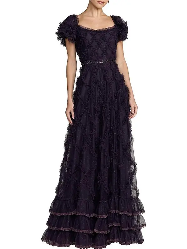 Mac Duggal Mesh Short Sleeve Scoop Neck Ruffle Gown - Midnight