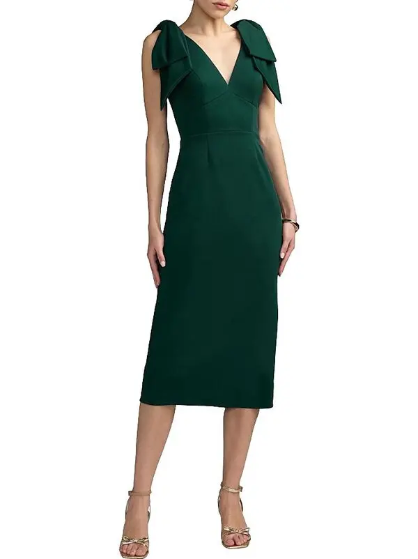 Mac Duggal Petite Bow Strap Crepe Fitted Midi Dress - Emerald