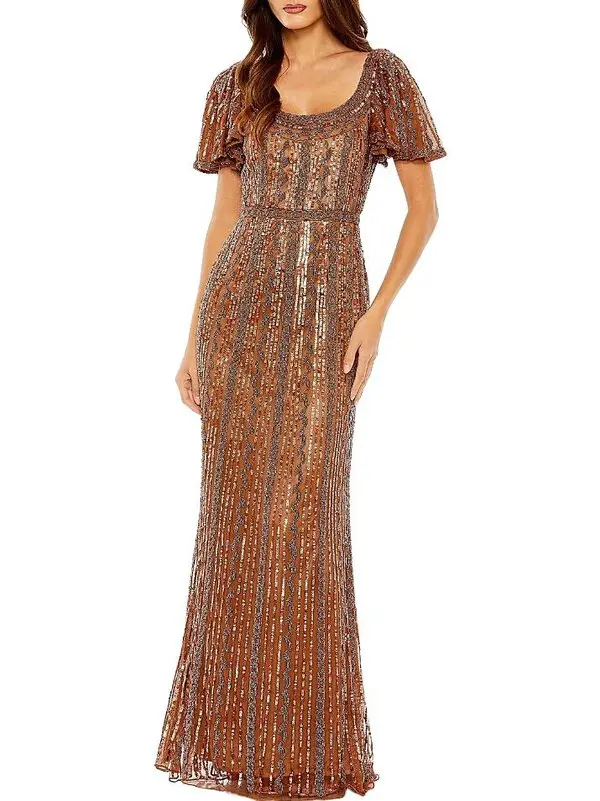 Mac Duggal Scoop Neck Flutter Sleeve Embellished Gown - Copper
