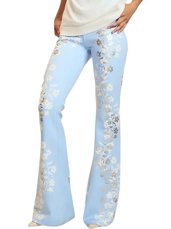 Cynthia Rowley Metallic Floral Print Flare Pants - Blue Silver