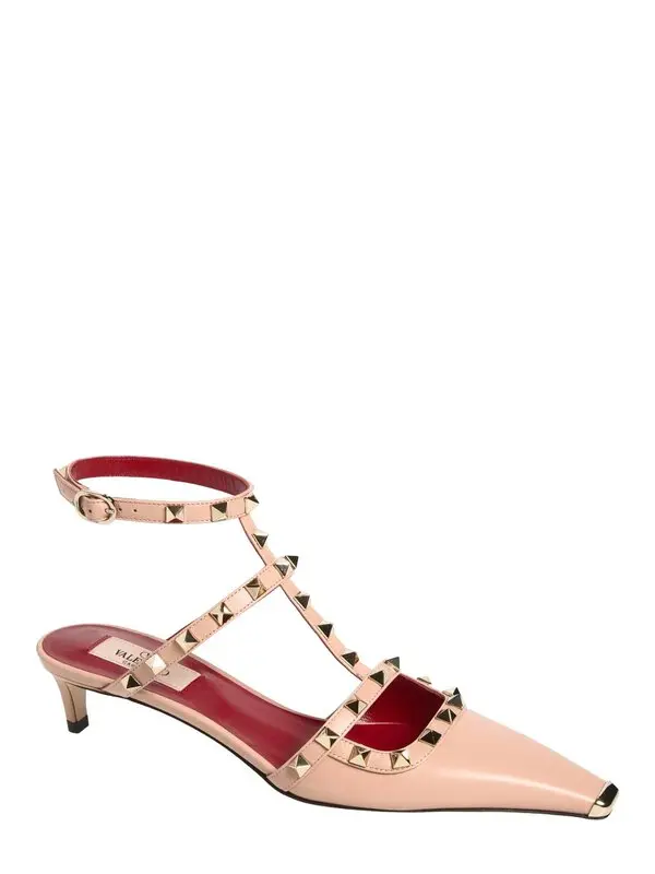 Valentino Garavani Rockstud Embellished Kitten Heel Pumps - Cream