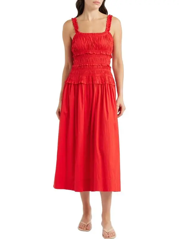 CECE DUPRAZ Ruffled Smocked Stretch Cotton Maxi Dress - Classic Cherry