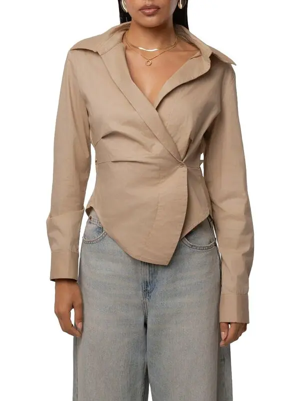 JLUXLABEL Asymmetrical Button-up Blouse - Beige