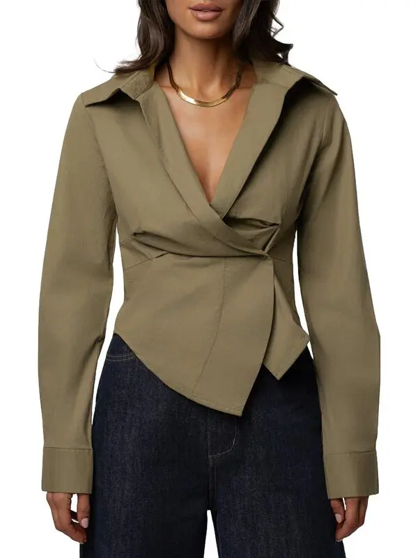 JLUXLABEL Asymmetrical Button-up Blouse - Olive