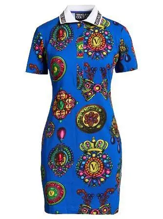 Versace Multicolor Print Cotton Polo Dress - Blue