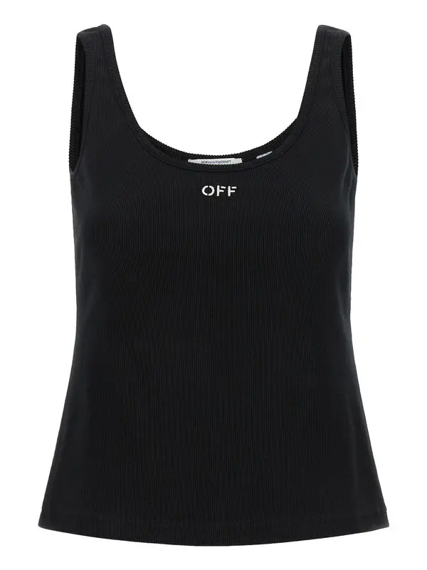 Off-White Ribbed Cotton Tank Top With Embroidered Logo - Black