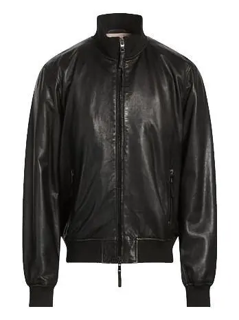 SWORD 6644 Leather Bomber Jacket With Zip Fastening - Black