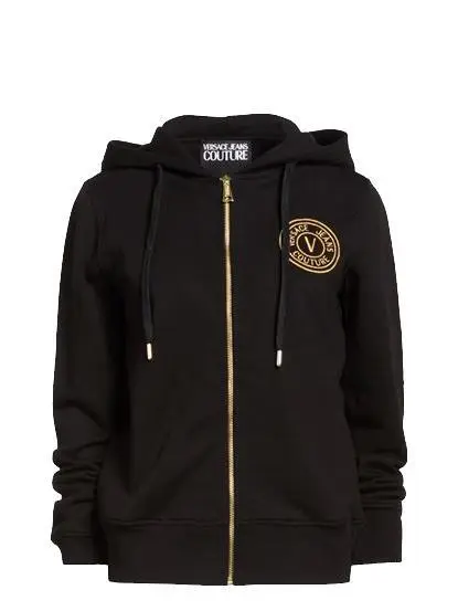 Versace Cotton Terry Zip Up Hoodie With Metallic Logo - Black
