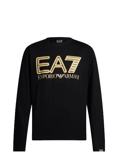 EA7 Cotton Elastane Long Sleeve T-shirt With Logo Print - Black