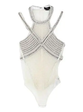 Elisabetta Franchi Polyamide And Elastane Bodysuit With Glitter And Appliqués - White