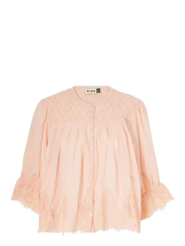 Rixo Erika Shirred Cotton-voile Blouse With Lace Trim - Orange