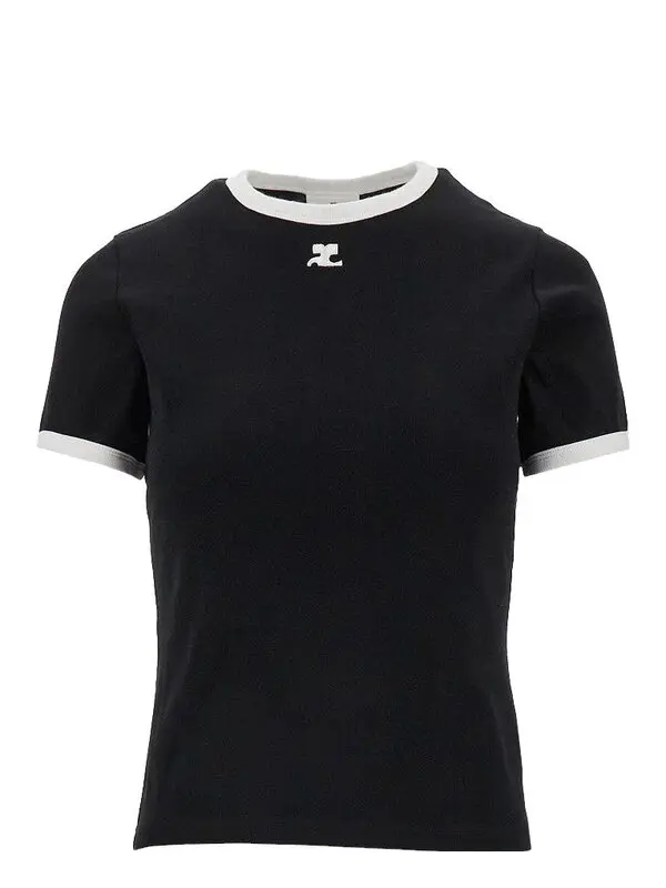 COURREGES Cotton Short Sleeve T-shirt With Embroidered Logo - Black