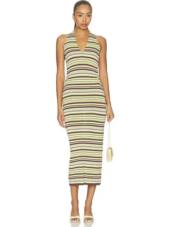 AWAY THAT DAY Striped Knit Halterneck Dress - Green