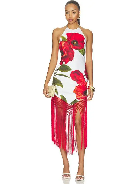 Alice + Olivia Halter Neck Midi Dress With Fringe Hem - Ivory