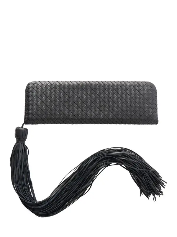 Bottega Veneta Serata Intrecciato Plume Tassel Leather Clutch - Black
