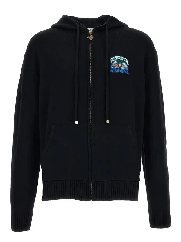 Casablanca Hooded Wool Zip-up Sweater - Nero