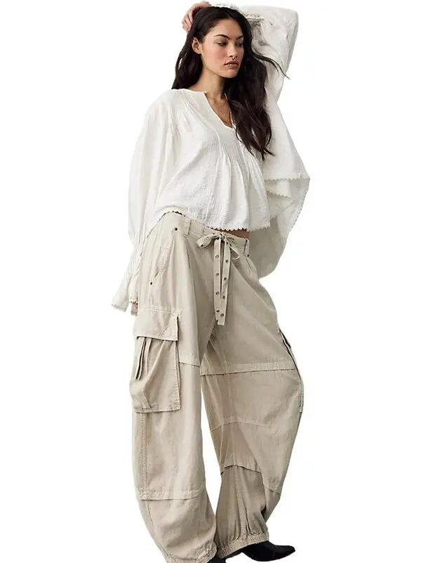Free People We The Free Reef Curved Linen Cargo Pants - Birch
