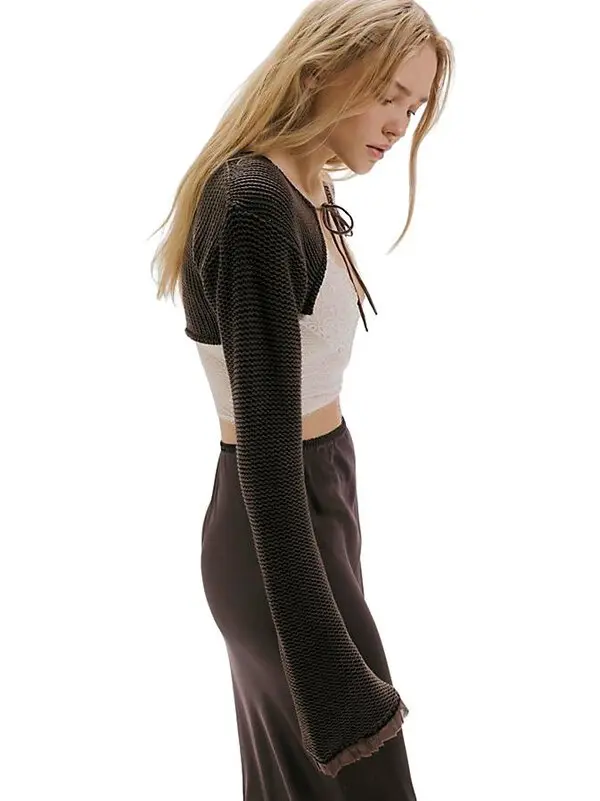Free People Dafne Knit Cropped Bolero Sweater With Lace Detail - Ganache