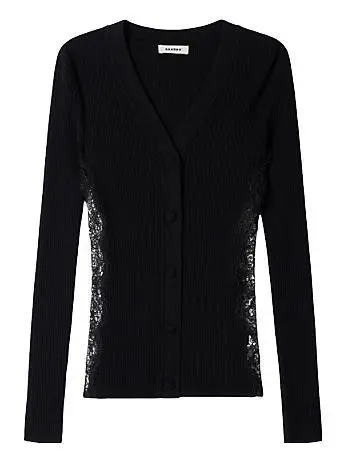 Sandro V-neck Lace-panel Knitted Cardigan - Black