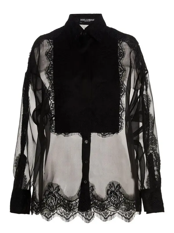 Dolce & Gabbana Silk And Cotton Blend Shirt With Lace Inserts - Black