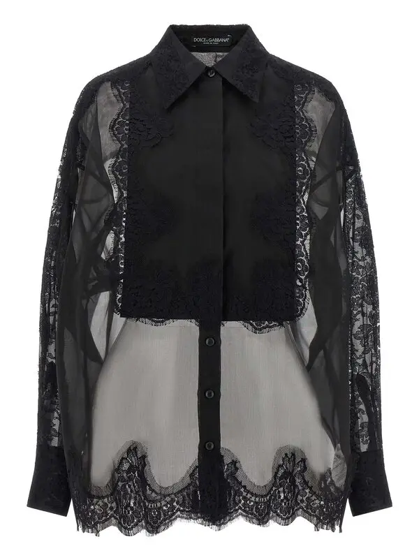 Dolce & Gabbana Silk And Cotton Blend Shirt With Lace Inserts - Black