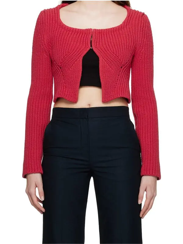 RECTO Chunky Crew Neck Cardigan Sweater - Red