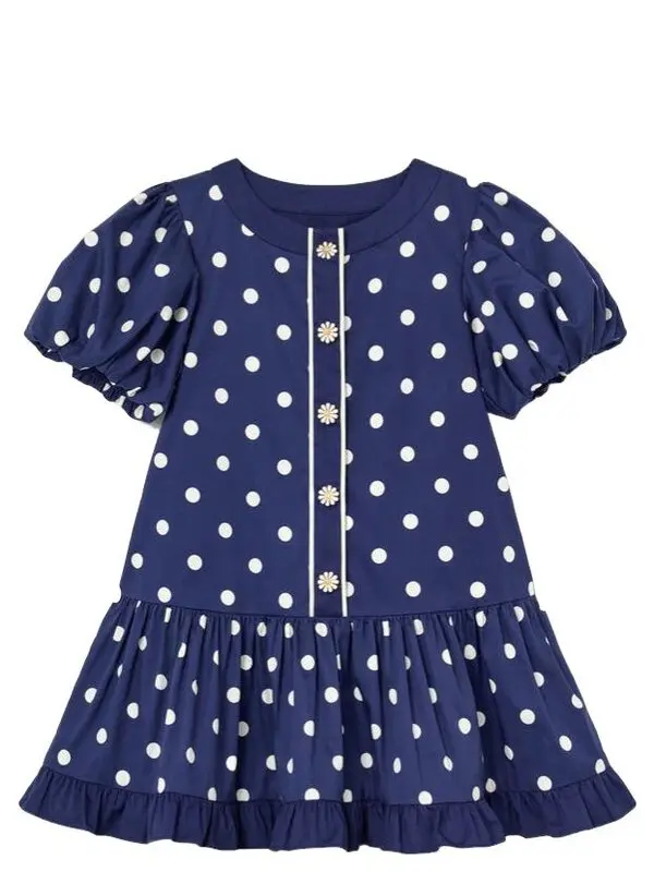 SELF-PORTRAIT Navy Polka Dot Cotton Printed Dress - Blue