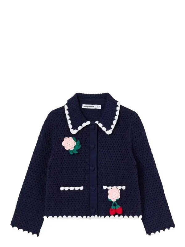 SELF-PORTRAIT Navy Crochet Cardigan With Appliqué Detailing - Black